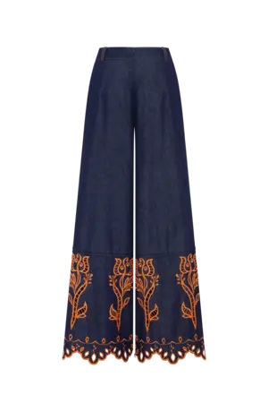 ANNABO Velvet Rose Embroidered Denim Wide-leg Pants - Blue