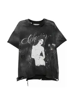 SEKRIT Graphic-print Distressed T-shirt - Black