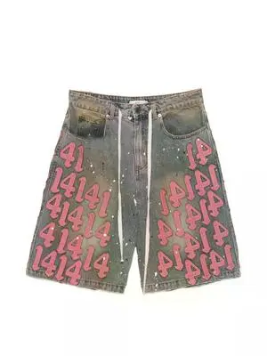 VALE FOREVER Appliqué-patch Paint-splatter Shorts - Blue