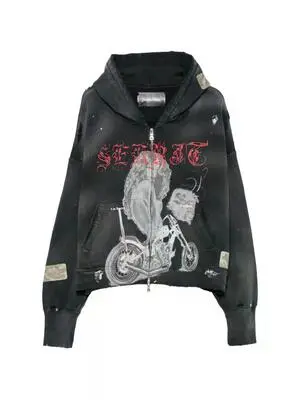 SEKRIT Graphic-print Distressed Hoodie - Black