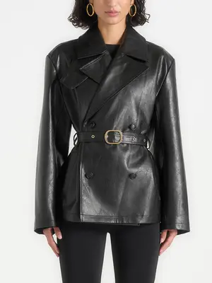Manière De Voir Opal Belted Leather Blazer Jacket - Black