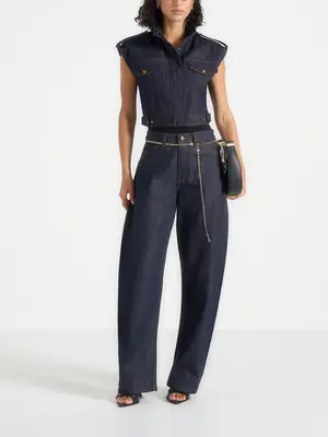 Manière De Voir Imelda Denim Cropped Wide Shoulder Sleeveless Jacket