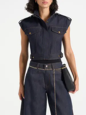 Manière De Voir Imelda Denim Cropped Wide Shoulder Sleeveless Jacket