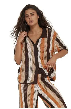 GOTTEX Naomi Crochet Collared Button Down Shirt Cover-up - Multi