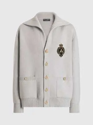 Dolce & Gabbana Virgin Wool Cardigan With Crest And Patch Pockets - Grey