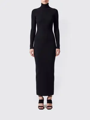 SEMICOUTURE Slim Fit Turtleneck Long Knit Dress In Pure Merino Wool - Black