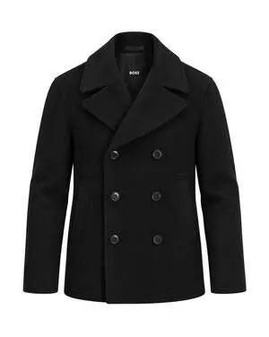 BOSS BLACK Double-breasted Wool-blend Pea Coat - Black
