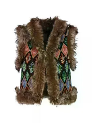 GOLDEN GOOSE Vest In Shearling And Suede With Multicolor Cactus Embroidery