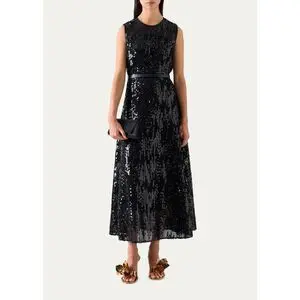 Akris Sequined Net Fit-and-flare Belted Ankle Gown