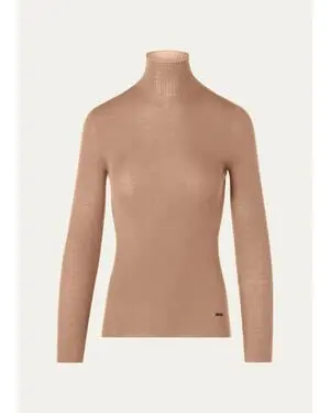 Akris Cashmere-silk Fine Rib Mock-neck Seamless Sweater - Camel