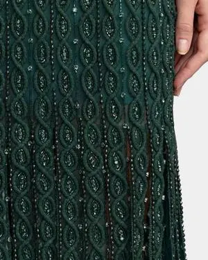 Mac Duggal Beaded Mesh Fringed Maxi Dress - Teal