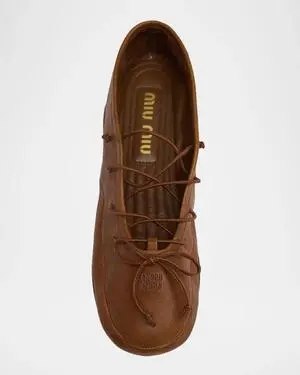 Miu Miu Vitello Leather Lace-up Ballerina Flats - Caffe