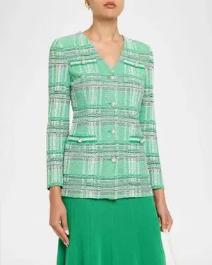 Misook Crochet Trim Plaid Jacket - Clover Field Ivory