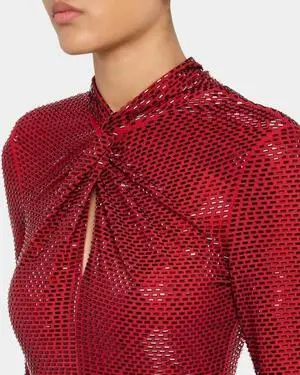 SELF-PORTRAIT Rhinestone-mesh Twist Midi Dress - Red