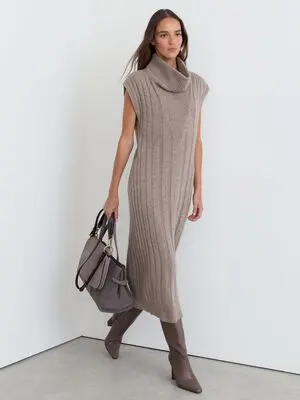 REISS Zana Wool-cashmere Ribbed Funnel-neck Midi Dress - Neutral