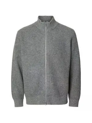 SELECTED Zip-fastening Ribbed-knit Cardigan - Grey