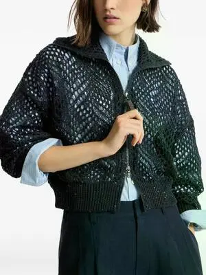 Brunello Cucinelli Dazzling Abstract Leaf Cardigan In Linen With Zipper