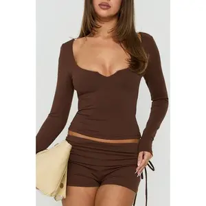Princess Polly Evangelene Long Sleeve Notched Neck Top - Chocolate