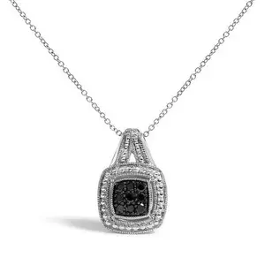HAUS OF BRILLIANCE Sterling 1/5 Cttw Black Diamond Square Cluster Pendant Necklace With Milgrain Frame - Silver