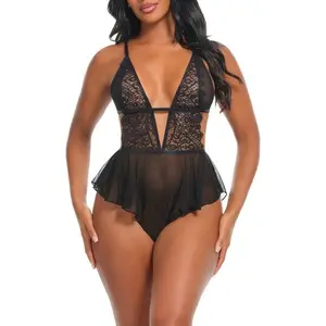 OH LA LA CHERI Kyra Peplum Lace Teddy - Black
