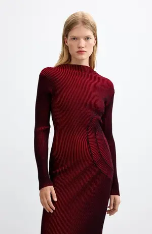 Desigual Mock Neck Rib Long Sleeve Midi Dress - Red