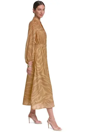 Halston Printed Belted Midi Formal Shirt Dress