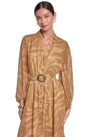Halston Printed Belted Midi Formal Shirt Dress