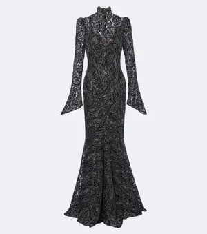 DE LA VALI Votiva Lace Lamé Gown - Black