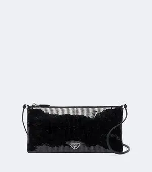 Prada Leather-trimmed Sequined Crossbody Bag - Black