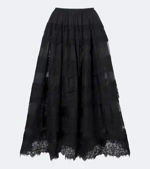 Elie Saab Lace-trimmed Organza Midi Skirt - Black