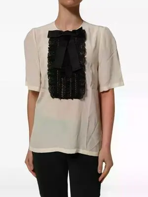 Dolce & Gabbana Beige Lace-trim Bow Short-sleeves Blouse Top