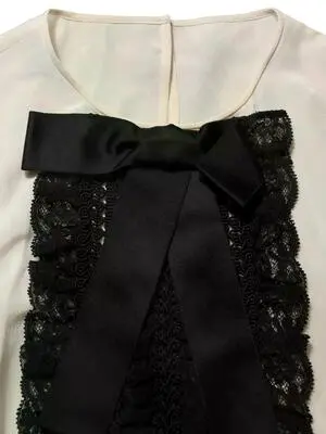 Dolce & Gabbana Beige Lace-trim Bow Short-sleeves Blouse Top