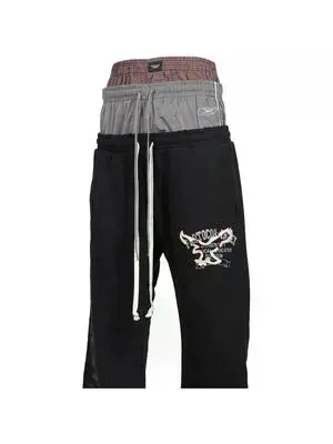 PROTOCOL INDEX Layered Embroidered Track Pants - Black