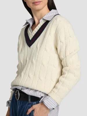 NILI LOTAN Fabiana Wool V-stripe Cable-knit Sweater