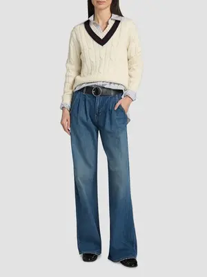 NILI LOTAN Fabiana Wool V-stripe Cable-knit Sweater
