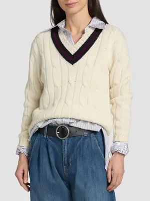 NILI LOTAN Fabiana Wool V-stripe Cable-knit Sweater