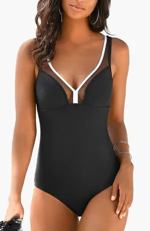 LASCANA Mesh Trim Tummy Control One Piece Swimsuit Bra-sized - Black