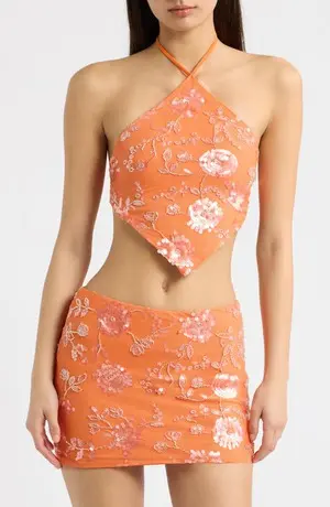 HELLO MOLLY Sunkissed Oasis Sequin Halter Top - Orange