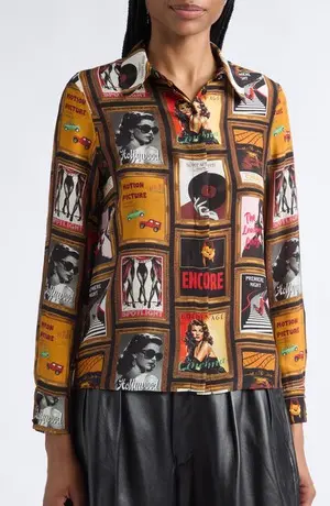 Alice + Olivia Mailynn Cinema Print Point Collar Blouse