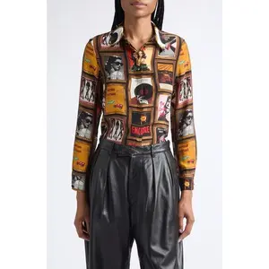 Alice + Olivia Willa Cinema Poster Print Silk Shirt - Silver Screen