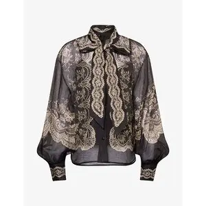 Zimmermann Clash Tie Printed Linen And Silk Blouse - Black Lace
