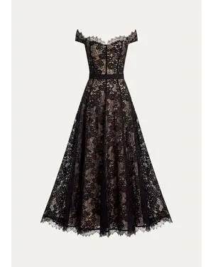 Alice + Olivia Viviana Off-the-shoulder Lace Gown - Black