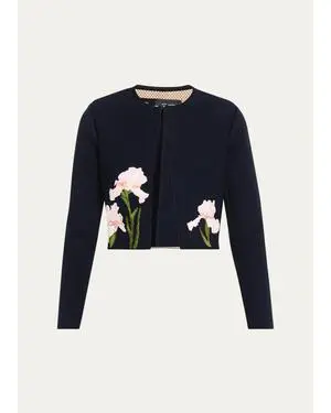 Oscar De La Renta Iris Knit Jacquard Crop Cardigan - Navy Multi