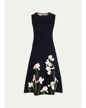 Oscar De La Renta Sleeveless Iris Knit Jacquard Midi Dress - Navy Multi