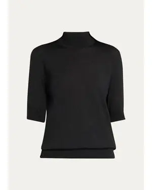 THE ROW Quser Mock-neck Fine Wool Elbow-sleeve Top - Black