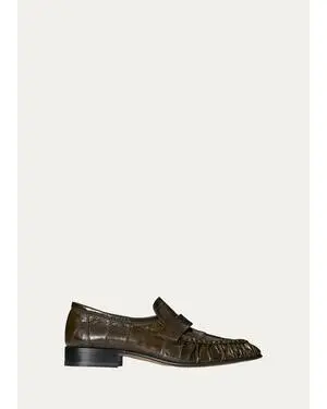 THE ROW Crinkled-leather Penny Loafers - Olive