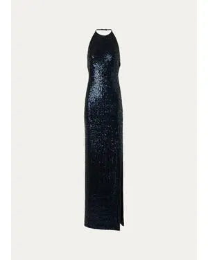 Akris Sequined Tulle Halter Slit Gown - Navy