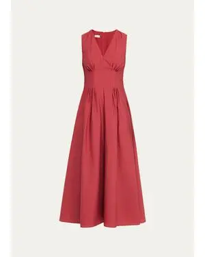 Brunello Cucinelli V-neck Pleated Techno Cotton Poplin Sleeveless Midi Dress