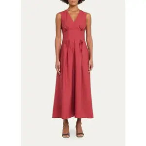 Brunello Cucinelli V-neck Pleated Techno Cotton Poplin Sleeveless Midi Dress