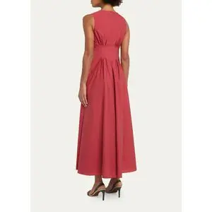 Brunello Cucinelli V-neck Pleated Techno Cotton Poplin Sleeveless Midi Dress